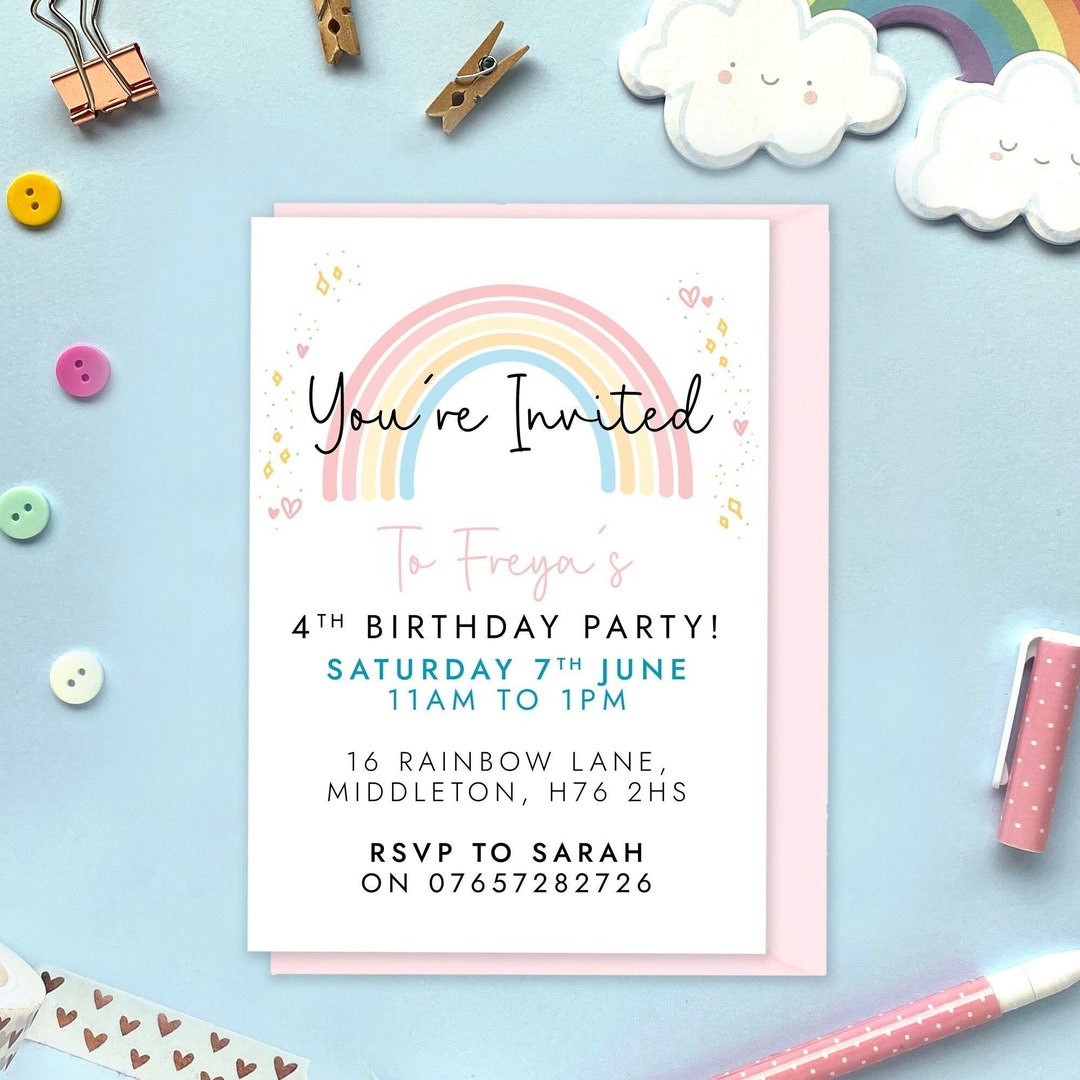 Personalised Pastel Rainbow Party Invites Printed - Etsy UK