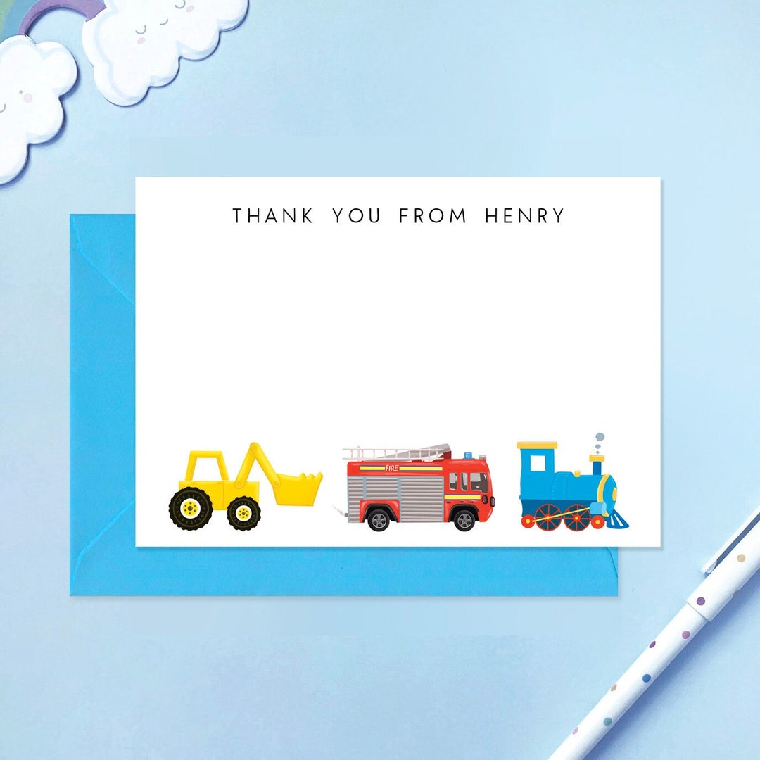 Personalised Transport Thank You Notecards Pack of 10 Boys Thankyou ...