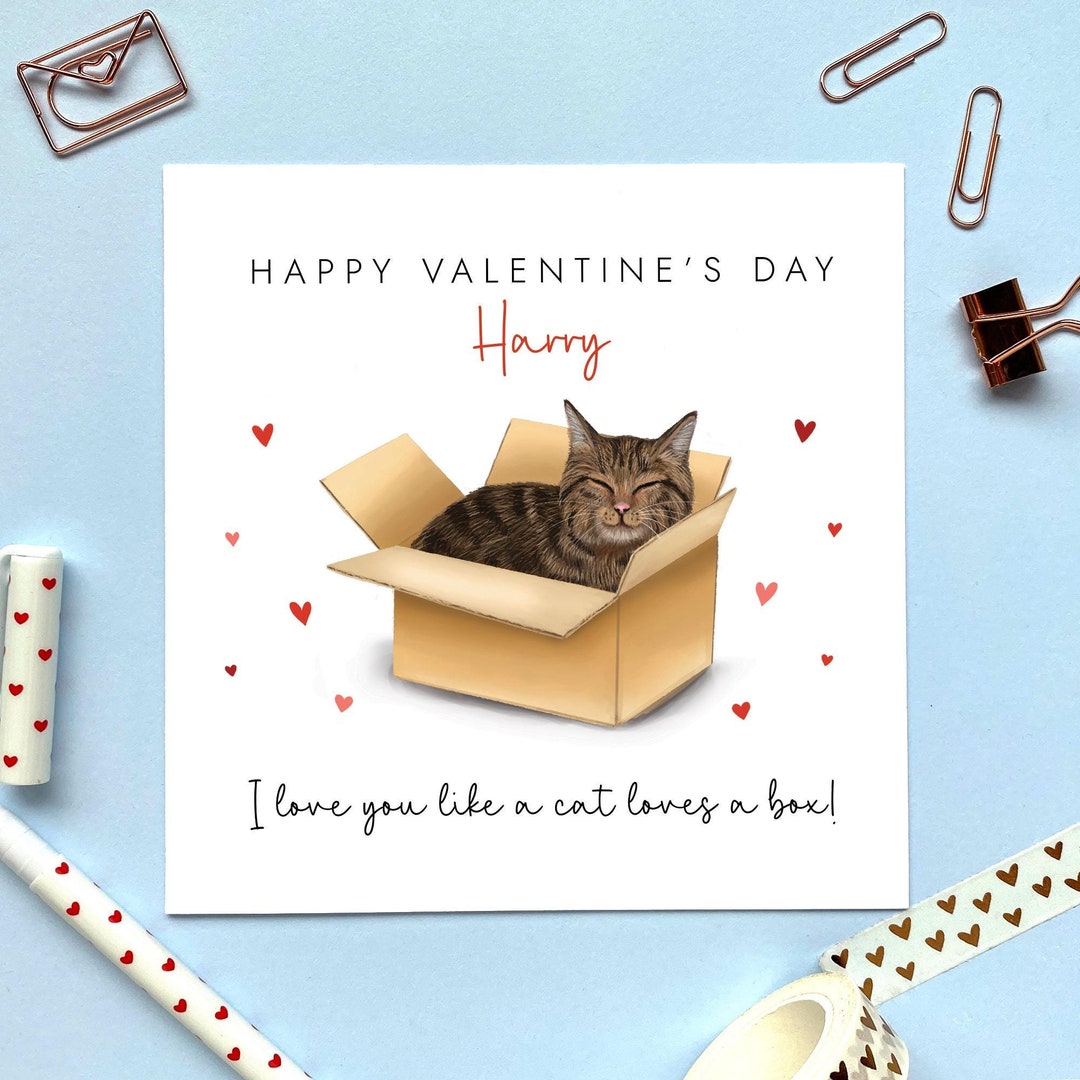 Personalised Tabby Cat in a Box Valentine's Day Card | for Husband ...