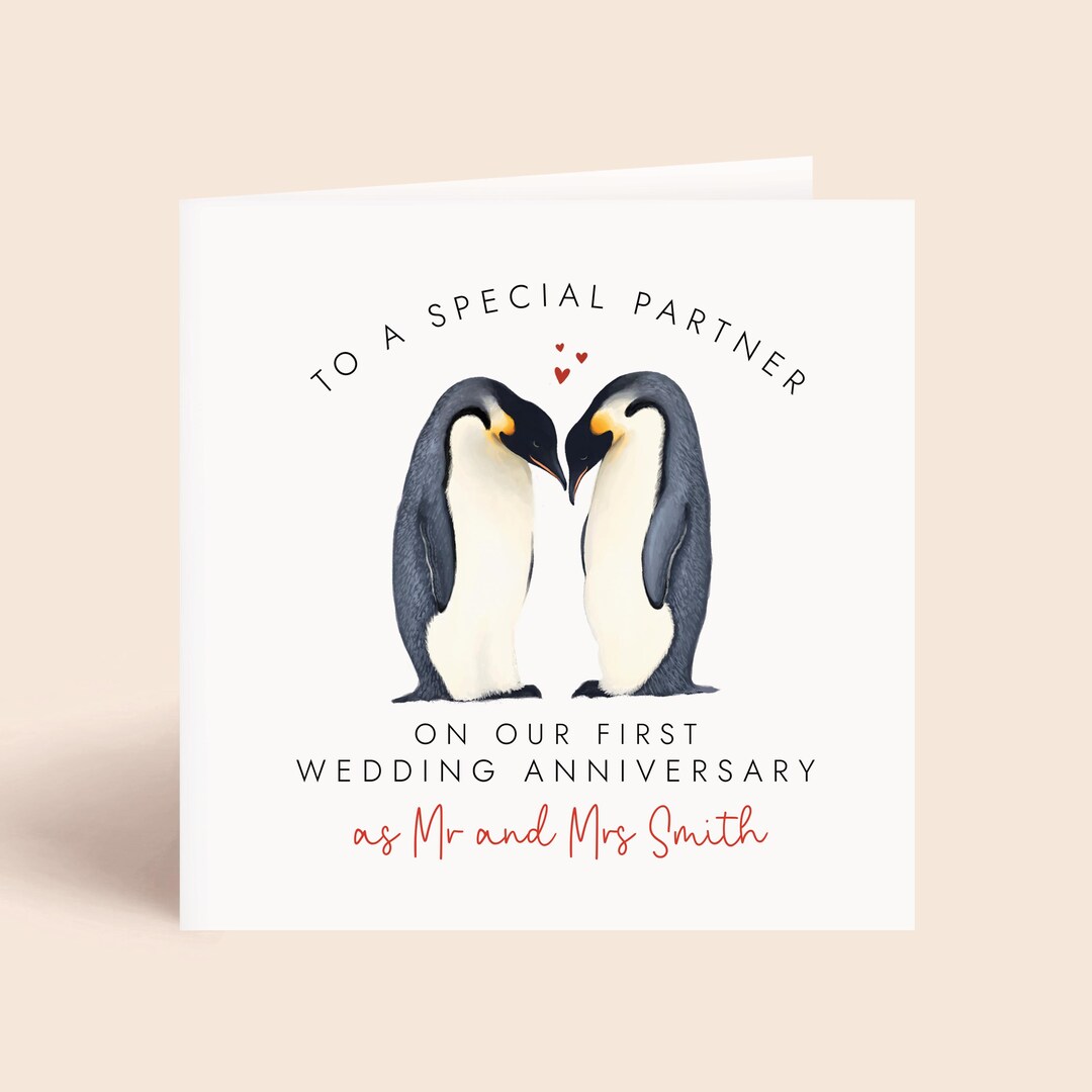 Personalised Penguins 1st Wedding Anniversary Card for Partner ...