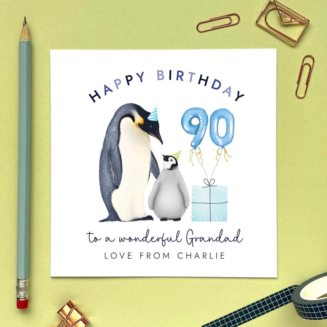 Personalised Penguin 90th Birthday Card For Grandpa Grandad Great