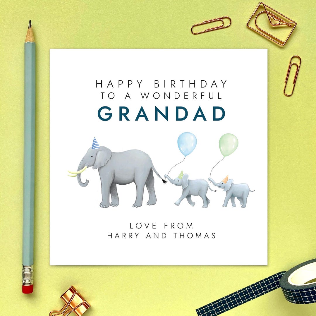 Personalised Elephant Birthday Card for Grandad From Two Children ...