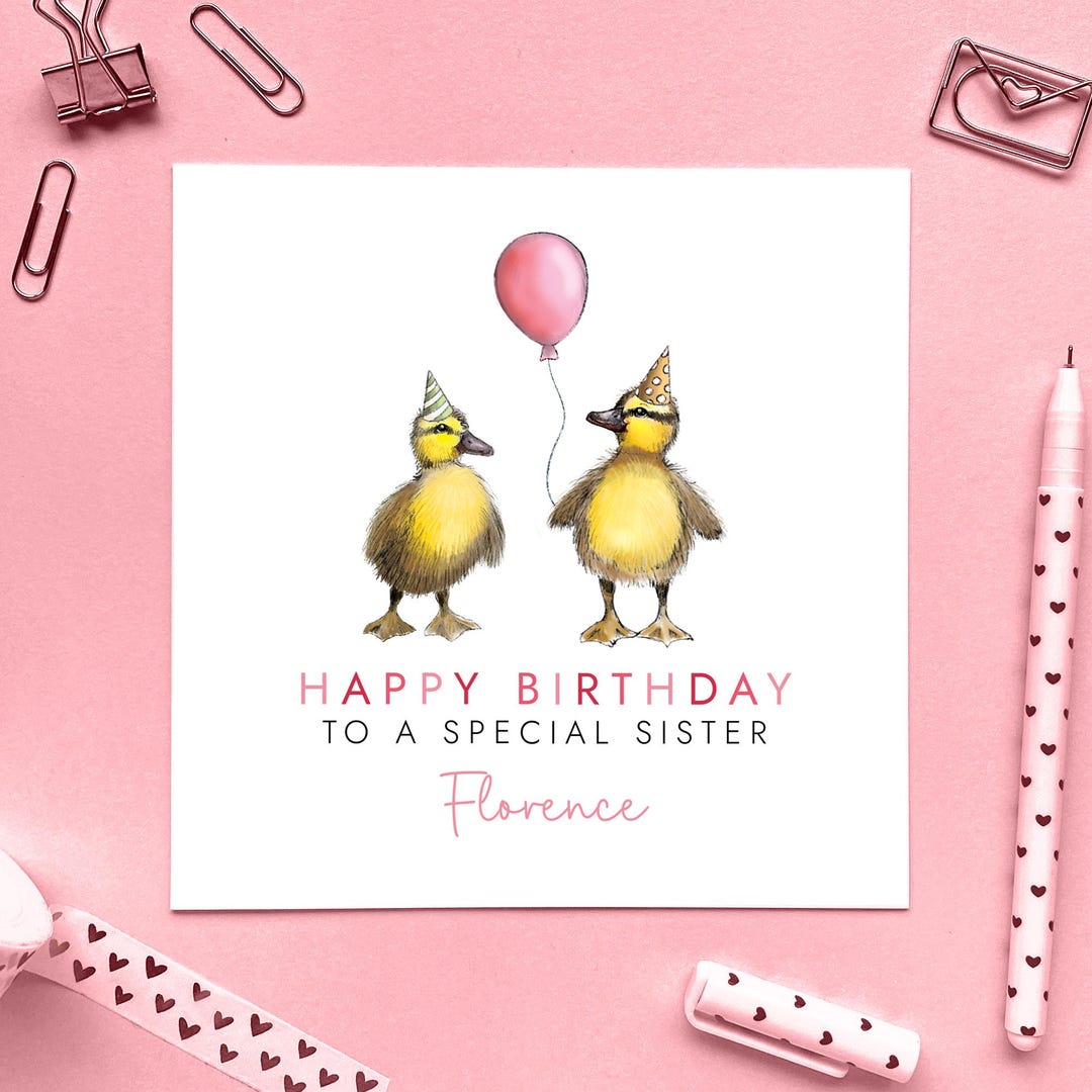 Personalised Ducks Birthday Card for Sister, Custom Bday Card for ...