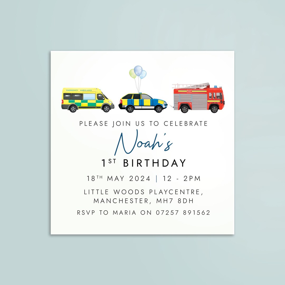 Personalised Emergency Vehicles Party Invites | Invitations for ...