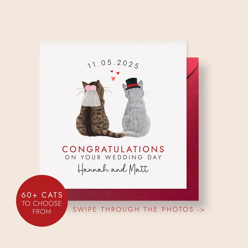Personalised Cats Wedding Card for Mr and Mrs, Custom Cat Just Married ...