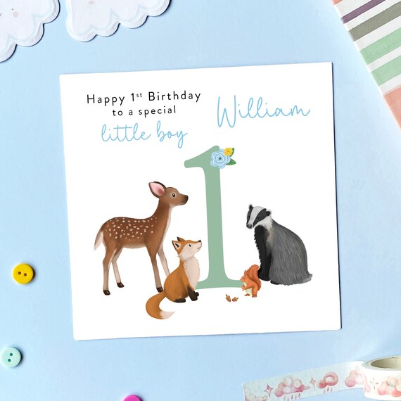 Personalised Woodland Animals 1st Birthday Card for Boy | Etsy
