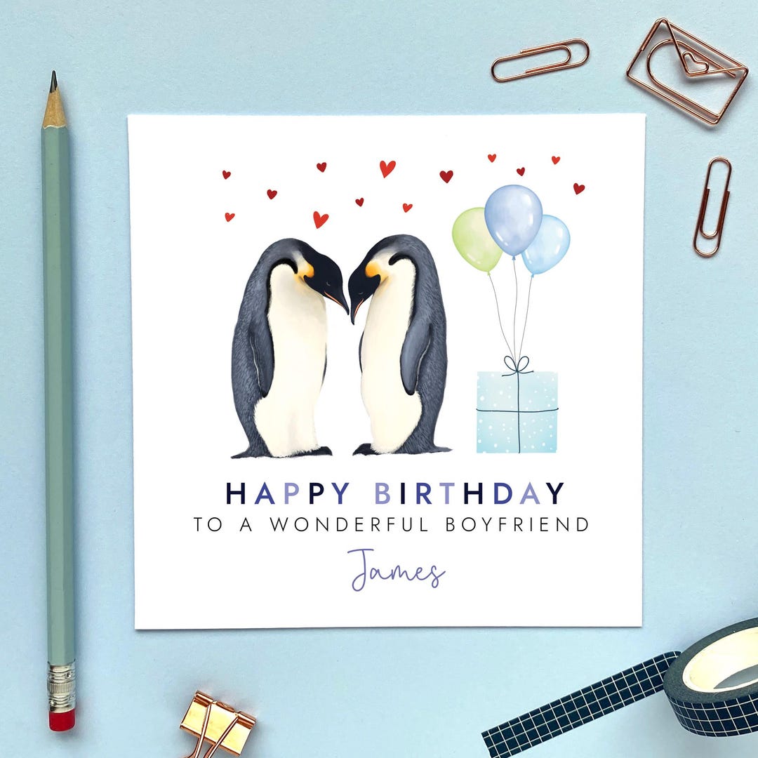 Custom Penguins Birthday Card for Boyfriend, Personalised for Him, Man ...