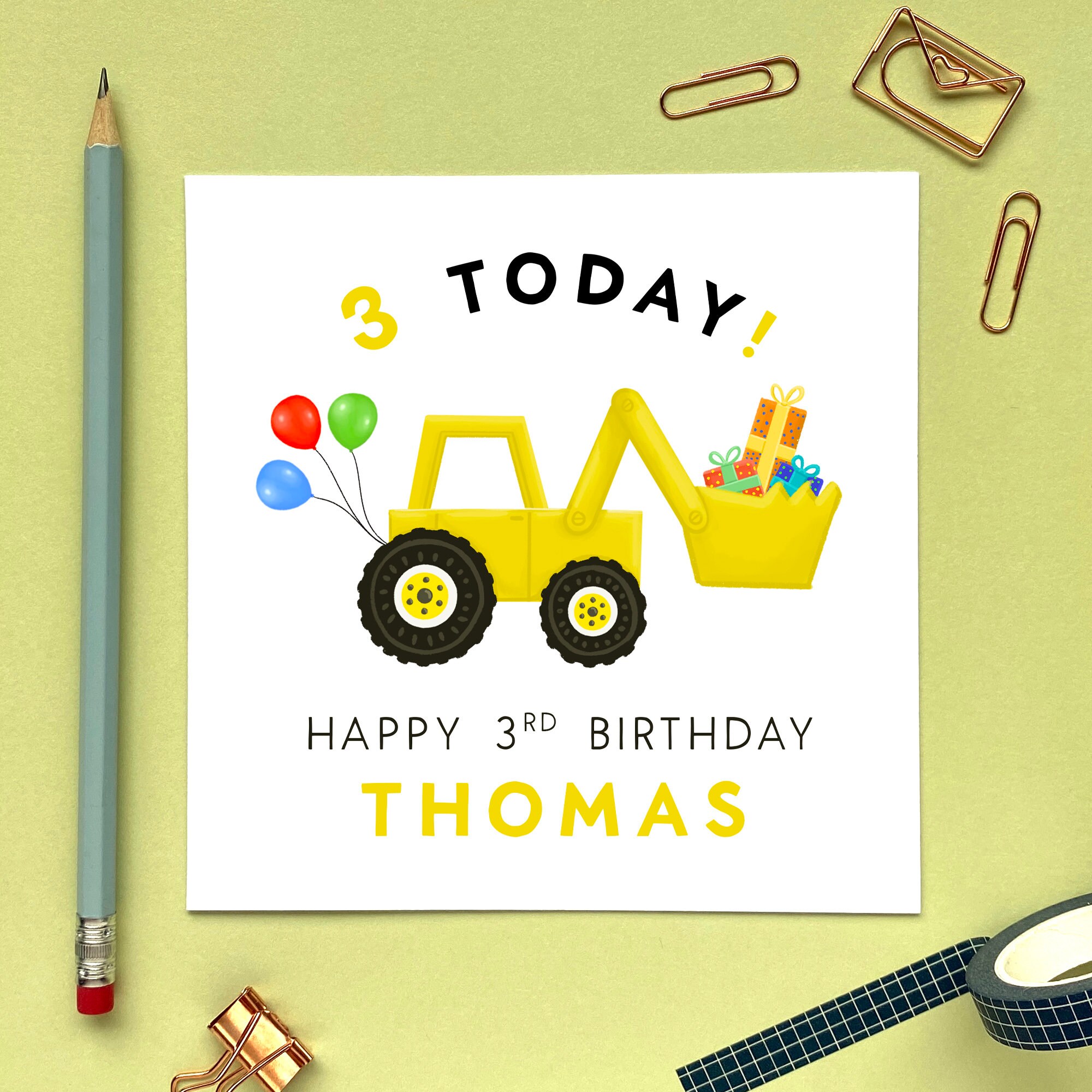 Personalised Digger 3rd Birthday Card for Boy Son | Etsy UK