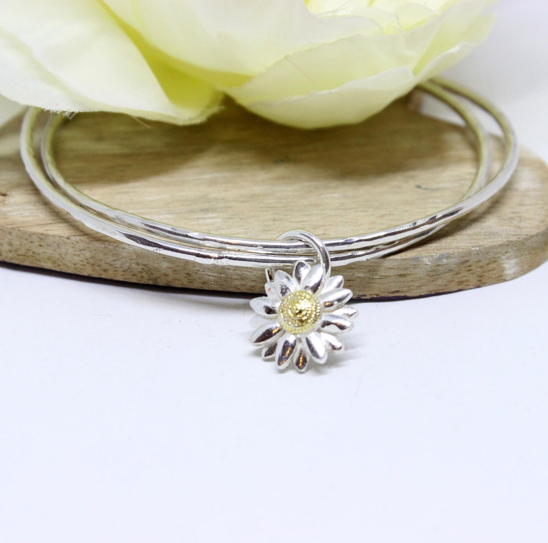 Silver Bangle With Daisy Charm, Daisy Charm, Silver & Gold Daisy Bangle, Daisy Flower, Flower ...