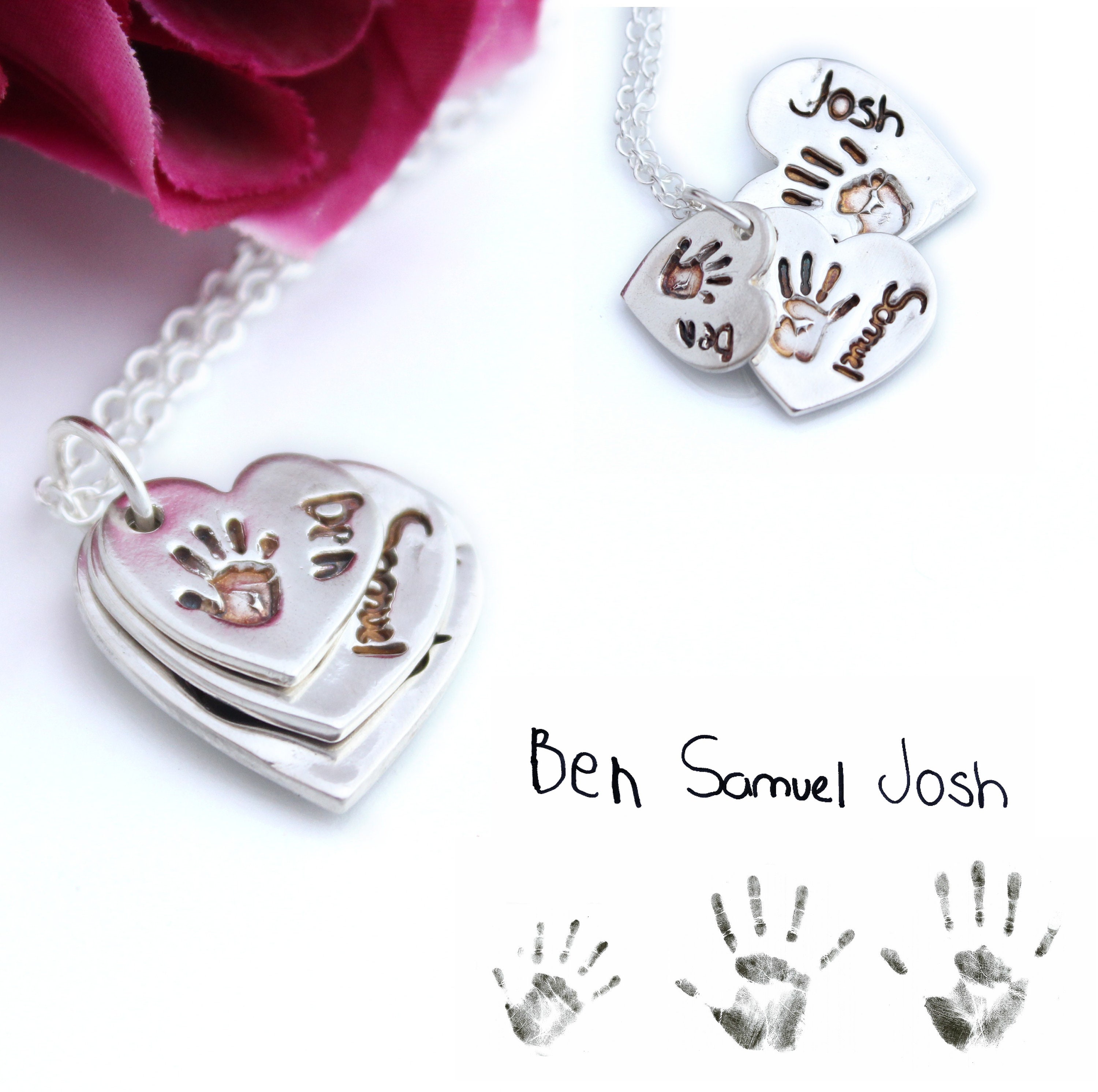 Silver Double Handprint Pendant - Descending Handprint Pendant - Triple ...