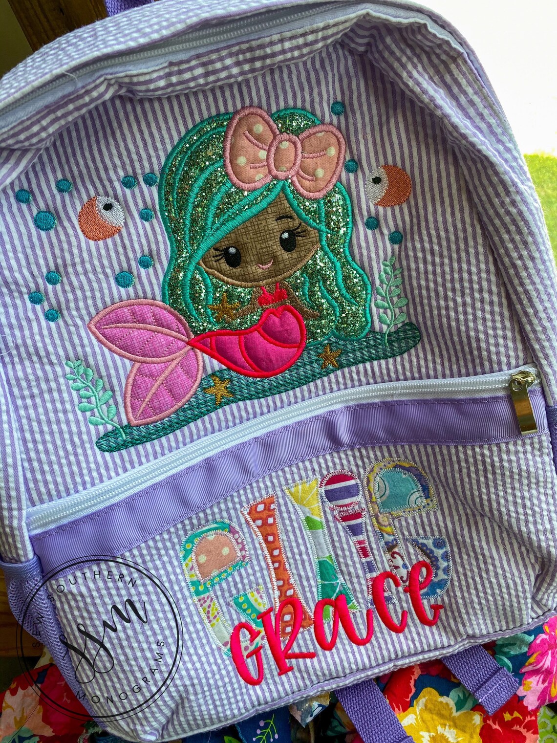 Mermaid With Glitter Hair- Under the Sea- Seersucker Backpack, Diaper ...