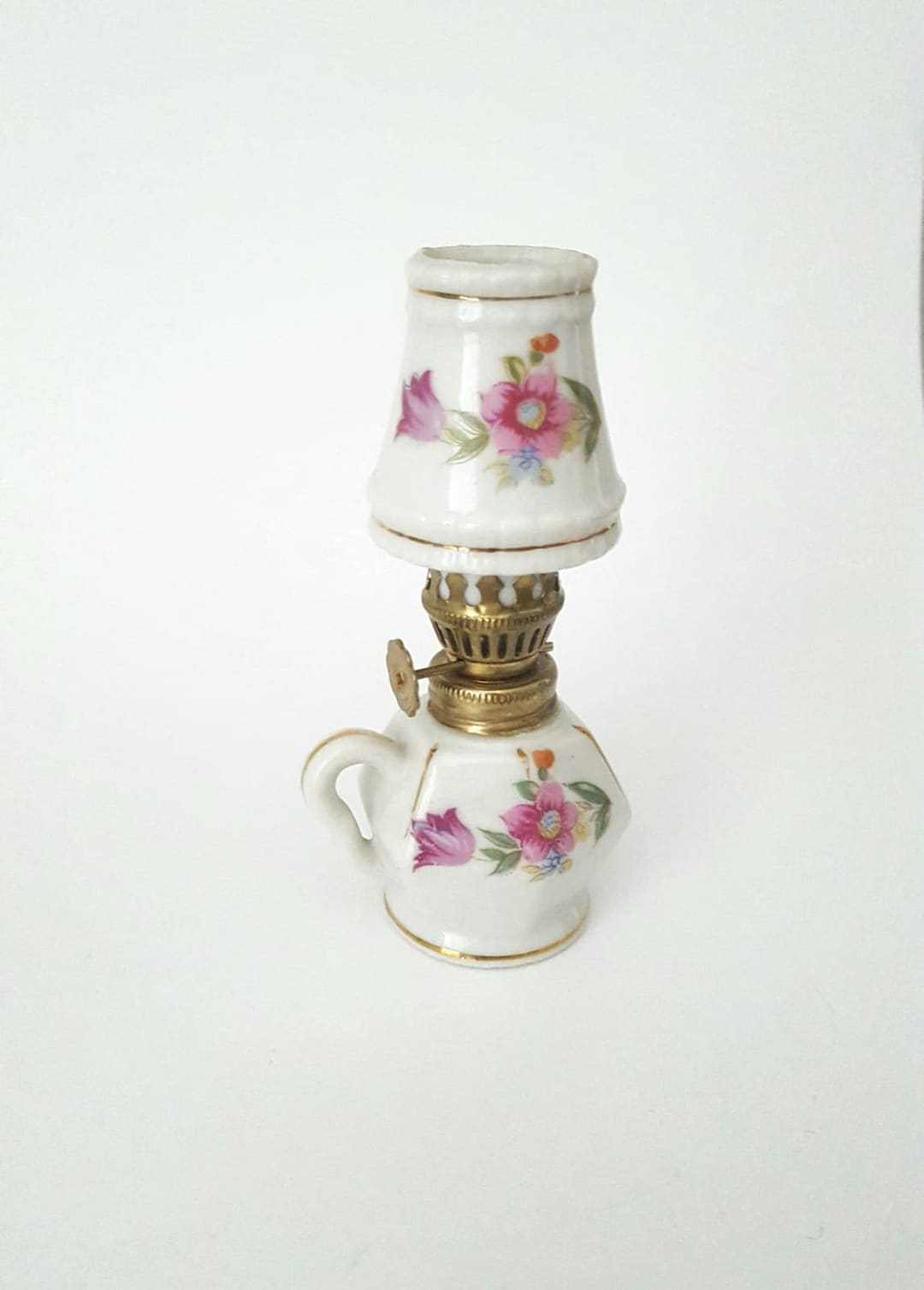PORCELAIN MINIATURE Hand Painted OIL Lamp, White Porcelain and Colorful ...