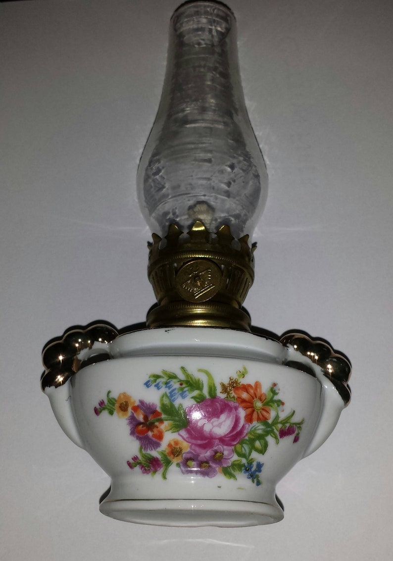 Vintage Porcelain Miniature Oil Lamp With Colorful Floral and Gold ...