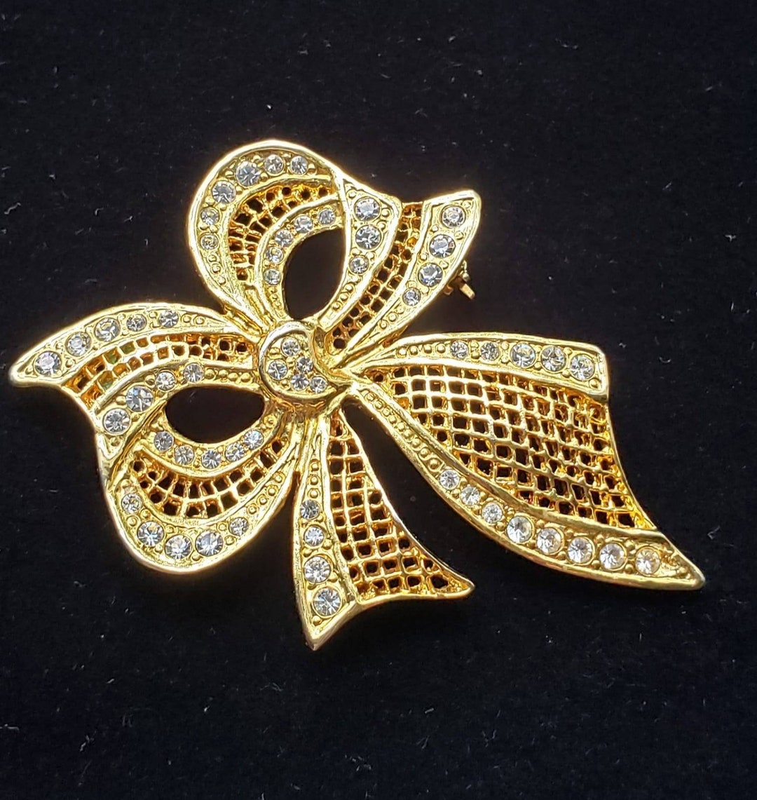 Vintage Gold Tone Mesh Rhinestone Ribbon Bow Brooch Pin, Filigree ...