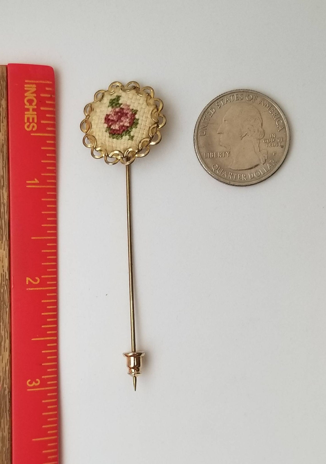 Vintage Crochet Flower Lapel Stick Pin Brooch, Vintage Gold Tone ...
