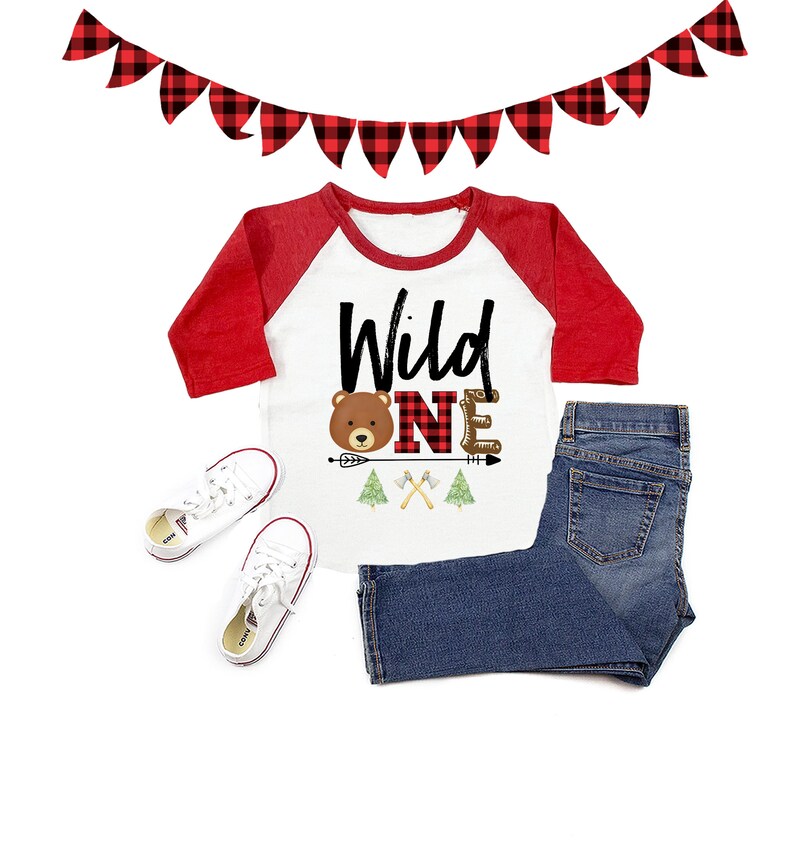 Wild One Bear Birthday Shirt: Personalized Lumberjack Plaid 1st ...