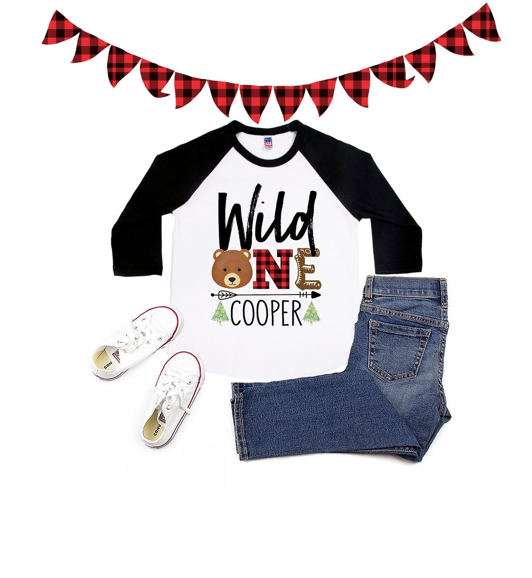 Wild One Bear Birthday Shirt: Personalized Lumberjack Plaid 1st ...