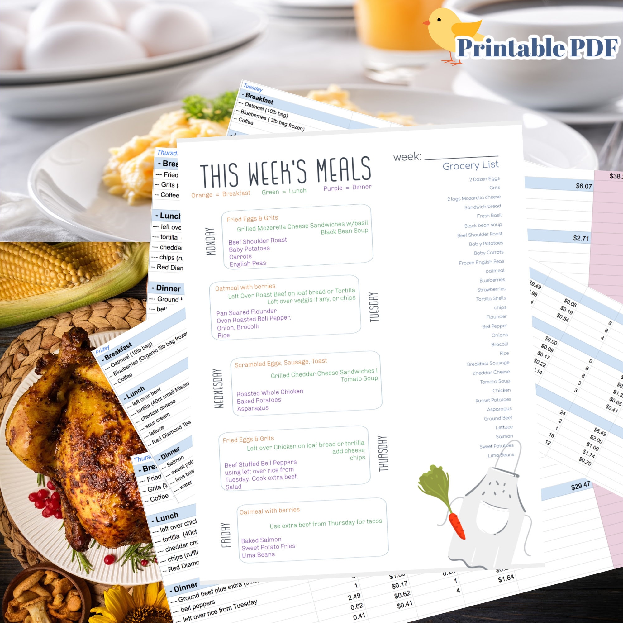 1 Full Week: Breakfast, Lunch & Dinner Budget Meal Planner W/ Grocery ...