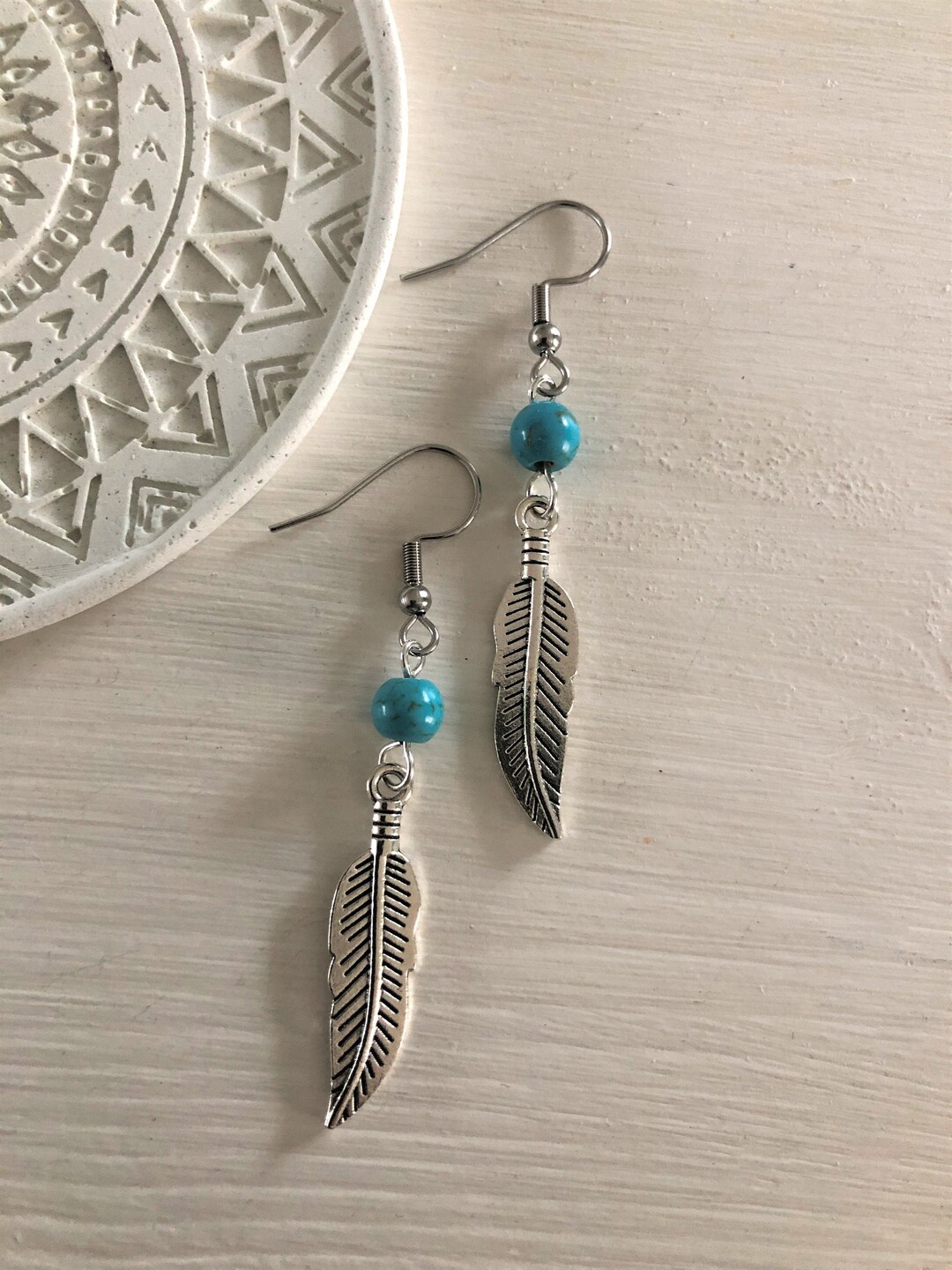 Native American Earrings, Silver Feather, Leaf, Turquoise Jewellery ...