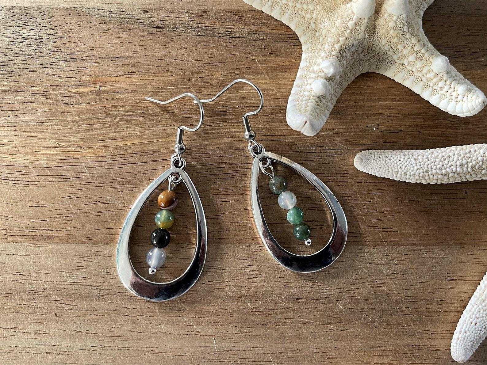 Large Boho Silver Earrings, Hoops, Indian Agate, Bead Drop, Green ...