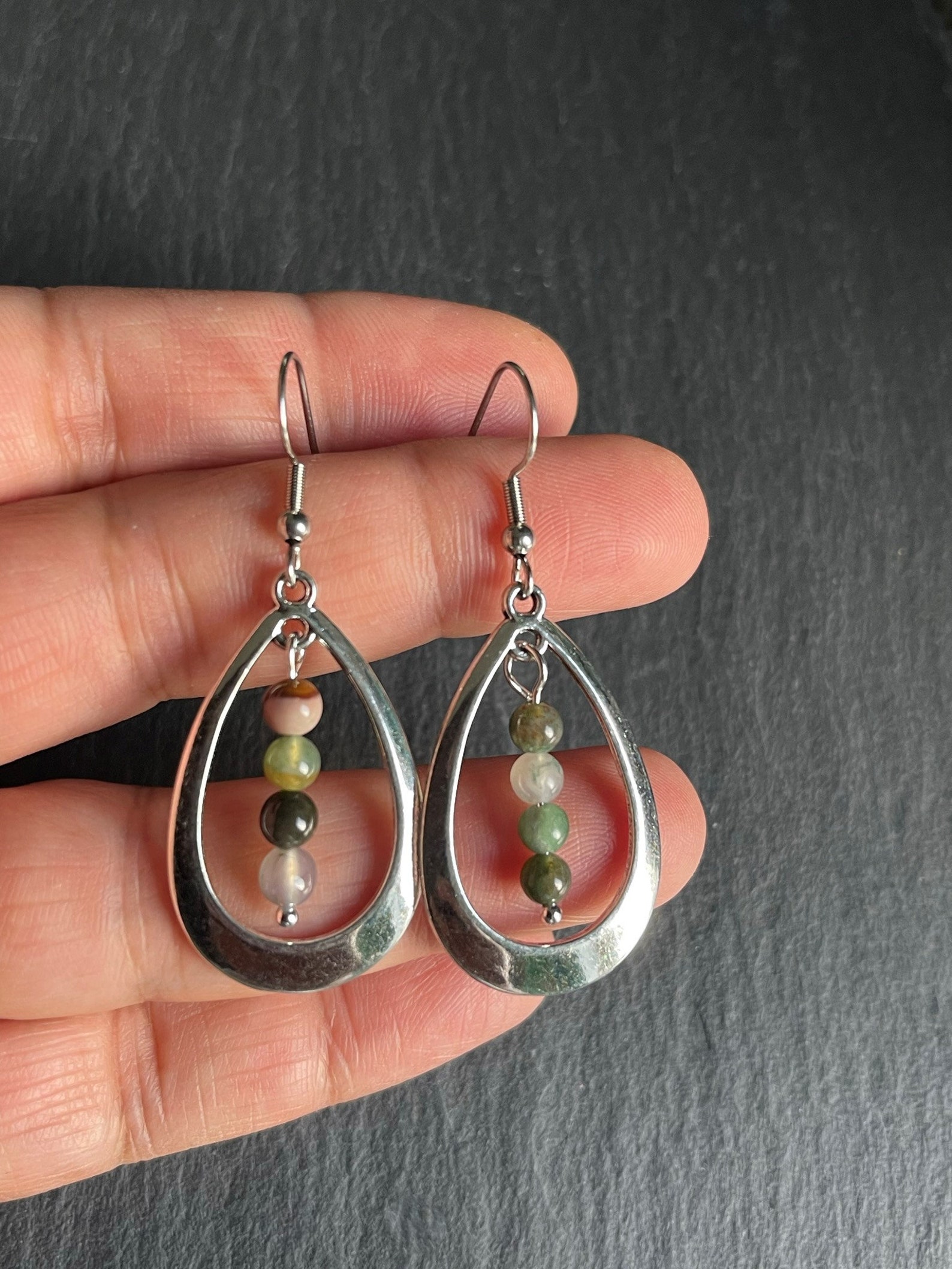 Large Boho Silver Earrings, Hoops, Indian Agate, Bead Drop, Green ...
