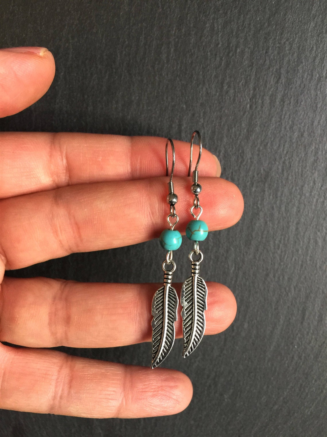 Native American Earrings Silver Feather Turquoise Earrings | Etsy