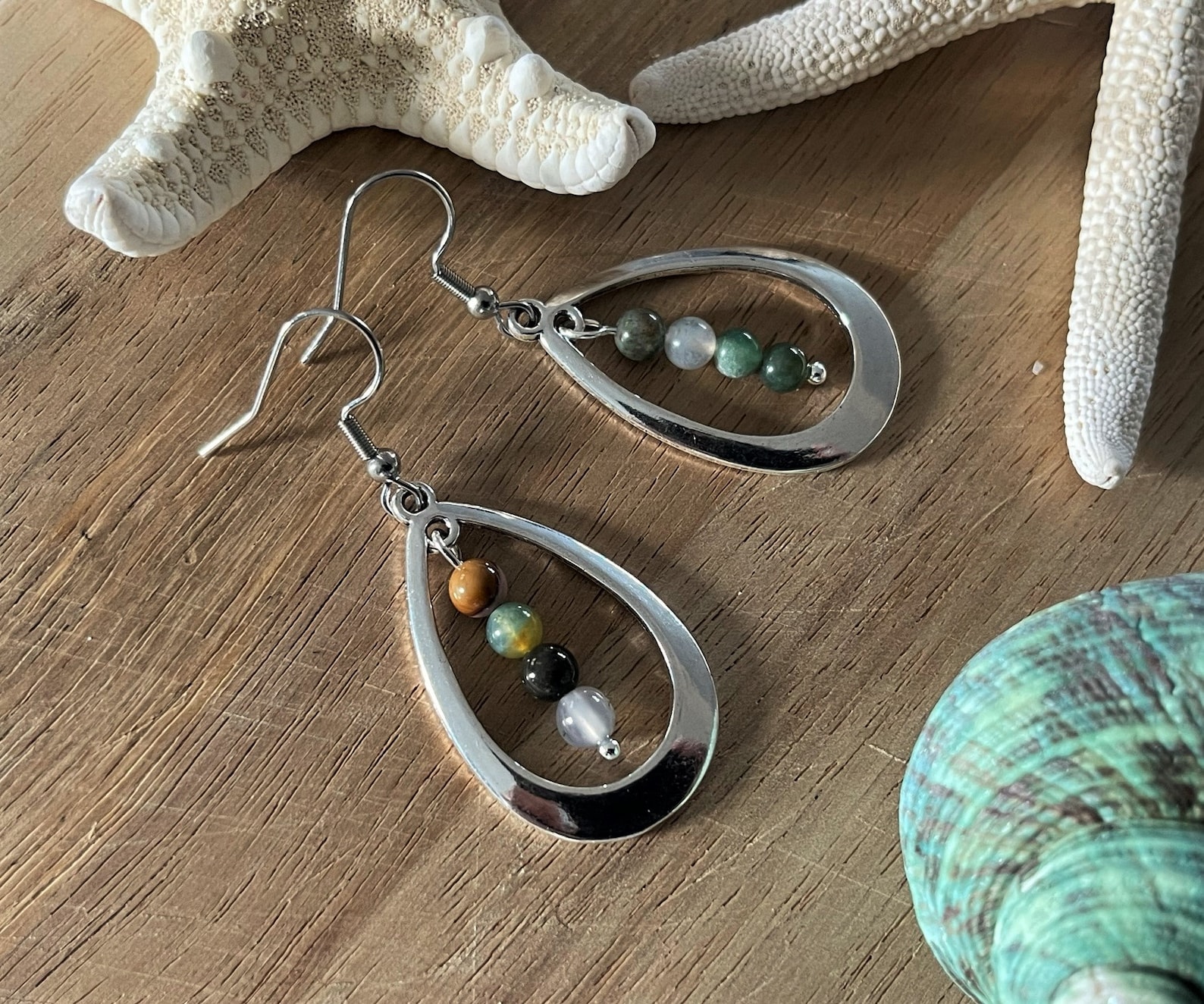 Large Boho Silver Earrings, Hoops, Indian Agate, Bead Drop, Green ...