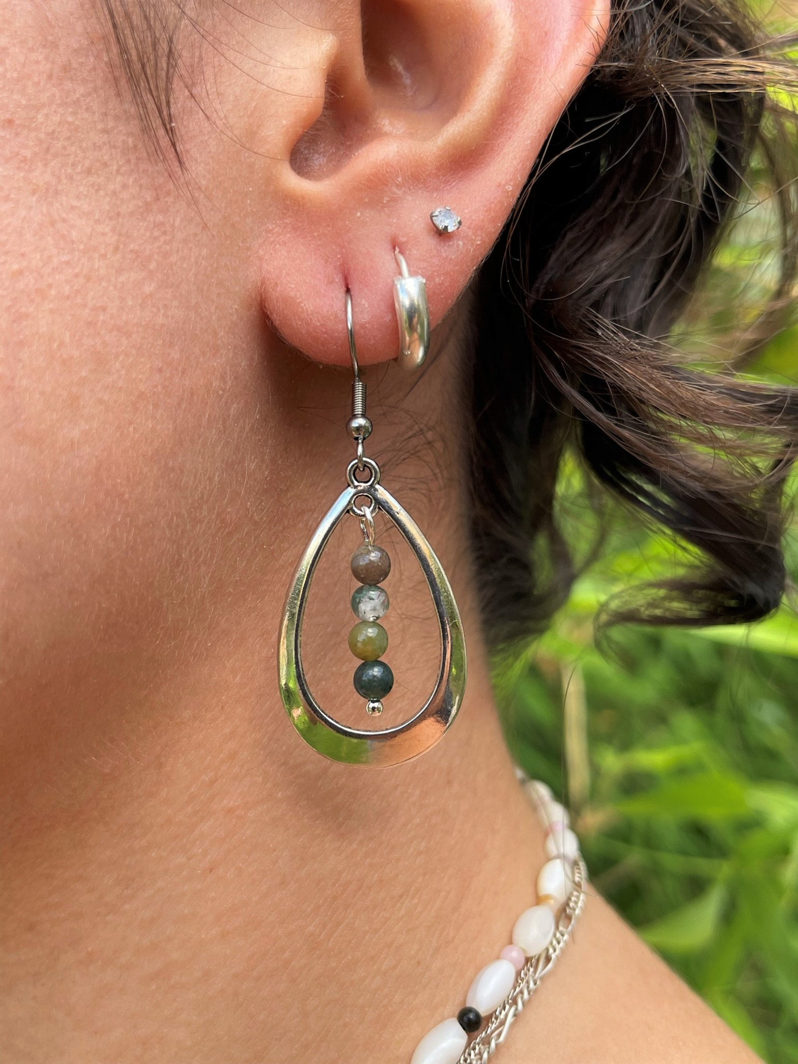 Large Boho Silver Earrings, Hoops, Indian Agate, Bead Drop, Green ...