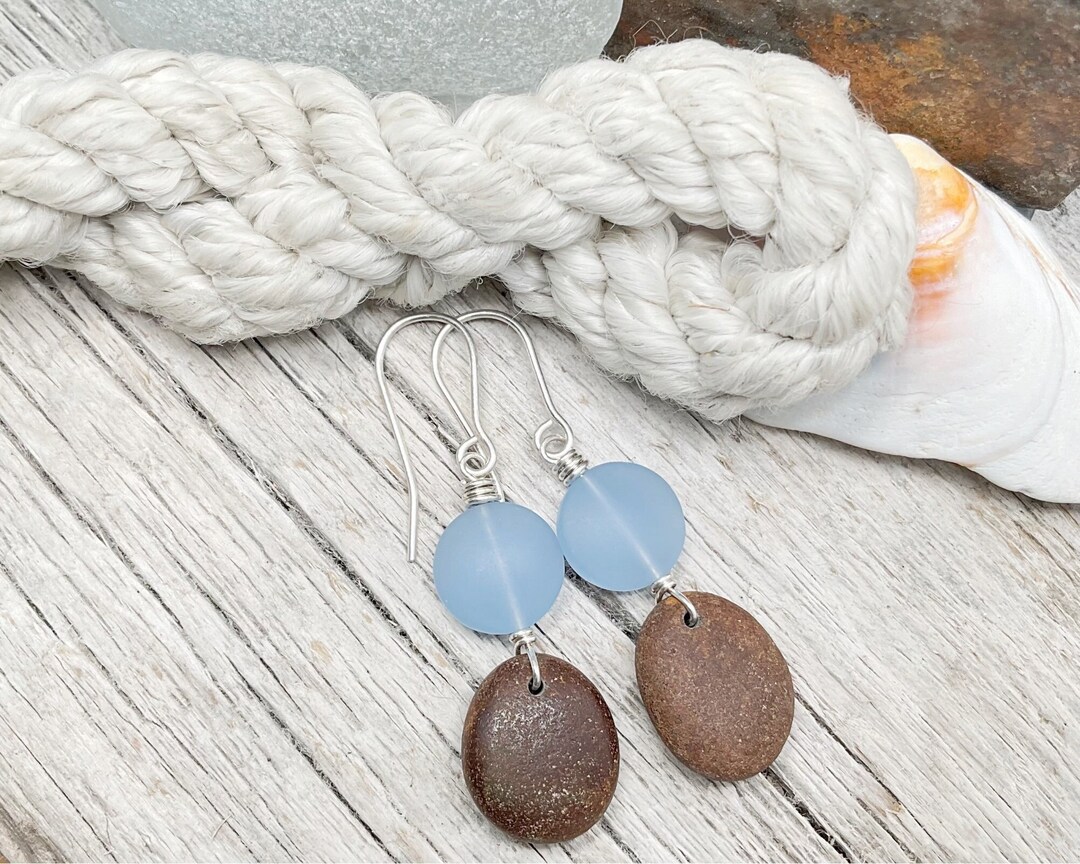Blue Frosted Glass and Brown Stone Earrings River Rock - Etsy