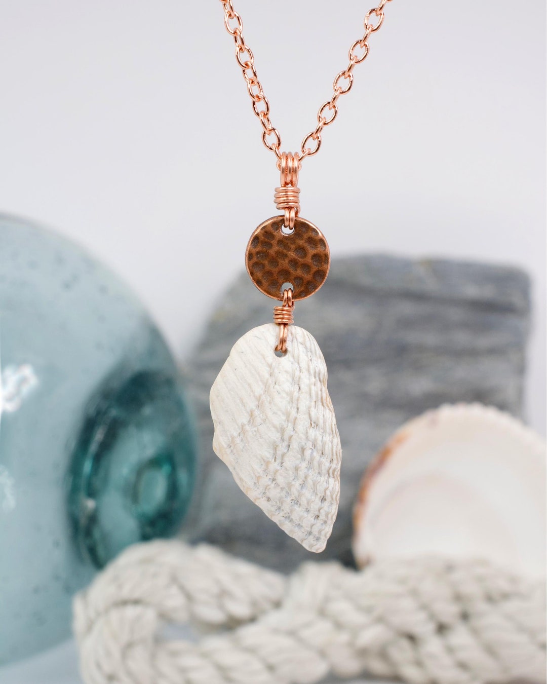 Seashell Necklace, Hammered Copper Disc & Off-white Sea Shell Pendant ...