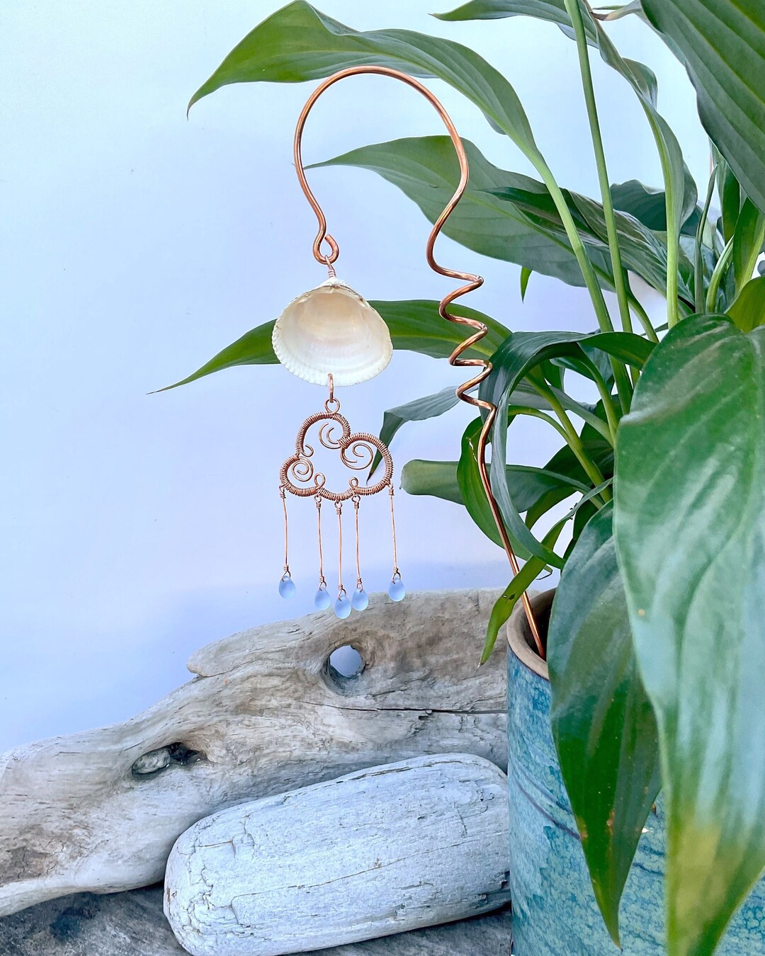 Seashell Plant Stick, Copper Plant Stake With Rain Cloud and Sea Shell ...