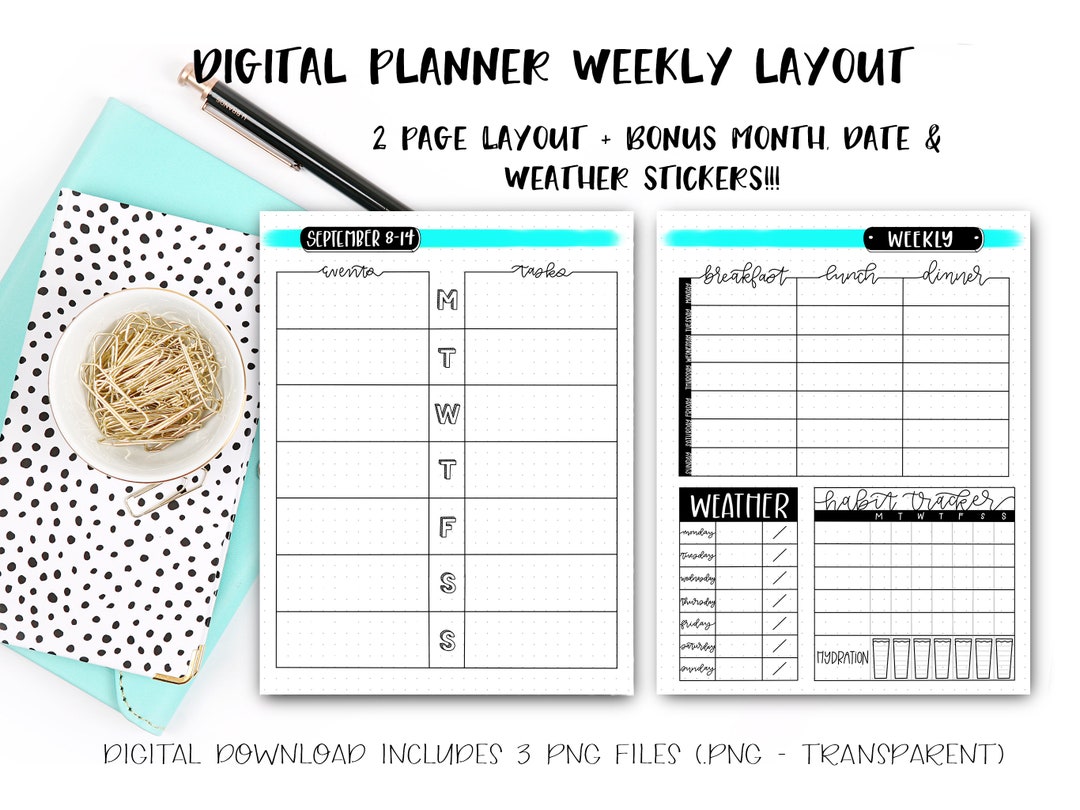 Digital Planner Pages Neon Blue Weekly Layout BONUS Month - Etsy
