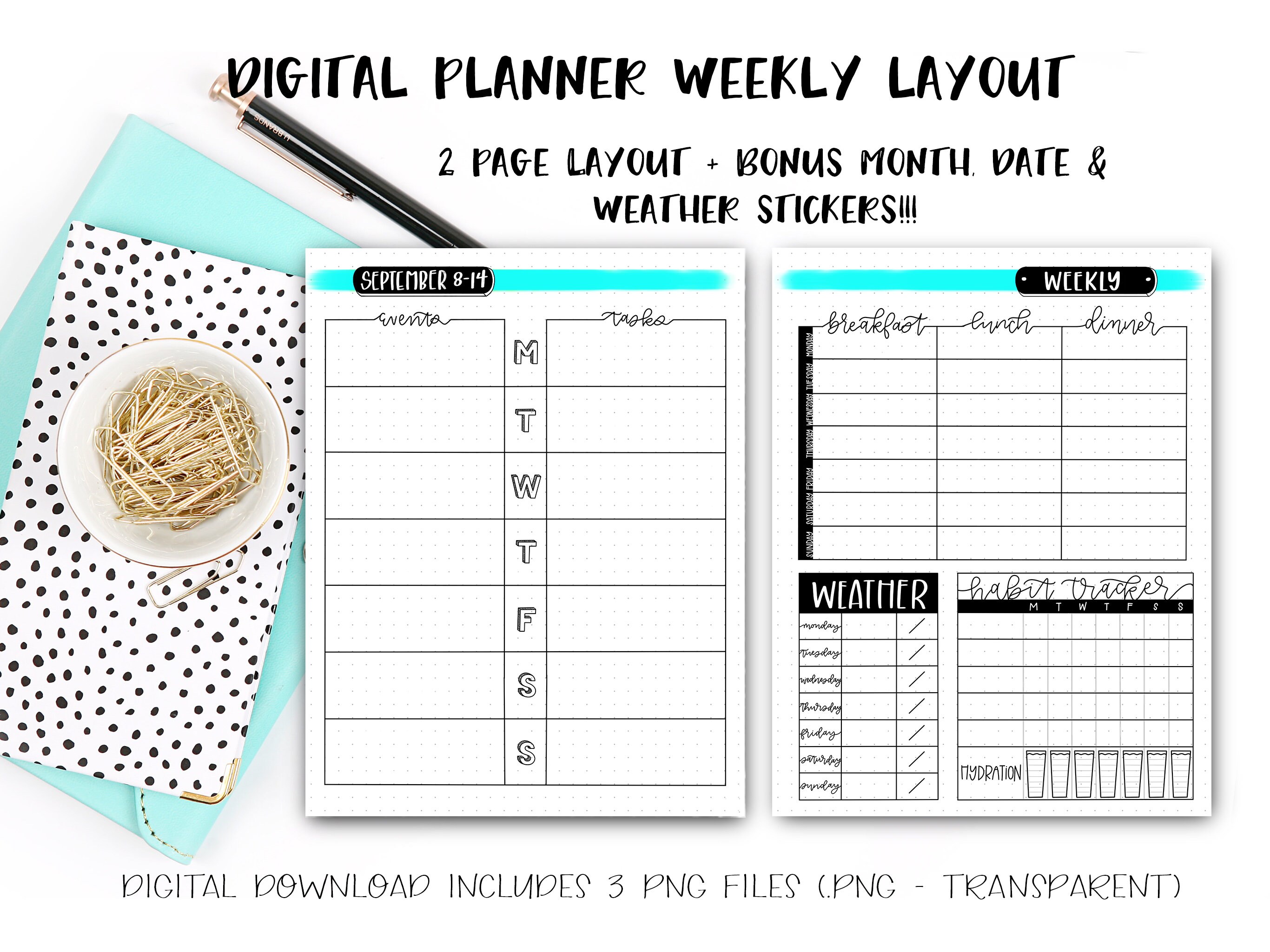 Digital Planner Pages Neon Blue Weekly Layout BONUS Month - Etsy