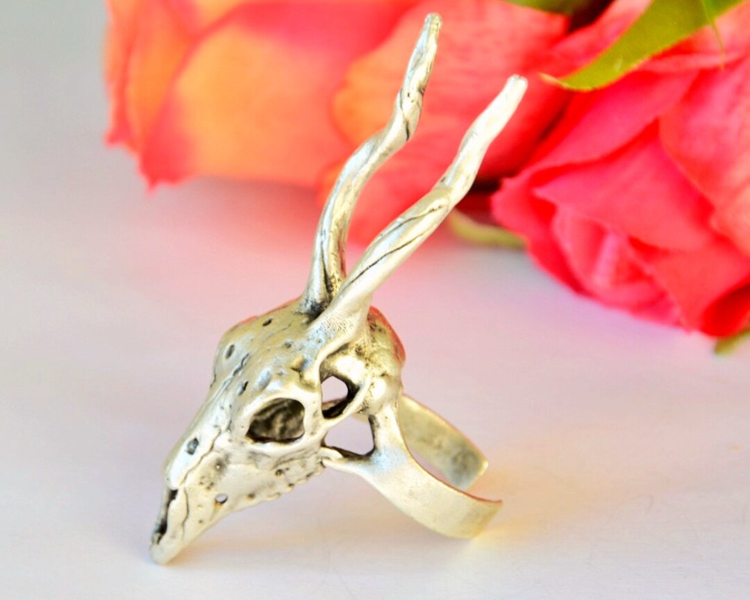 Antelope Skull With Horn Ring, Birthday Gift to Hunter, Impala Silver Ring, Stag Deer Ring ...