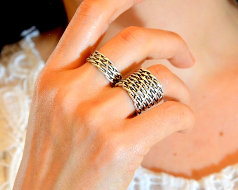 Braid texture adjustable line bar thin matting silver unisex ring, Band ...
