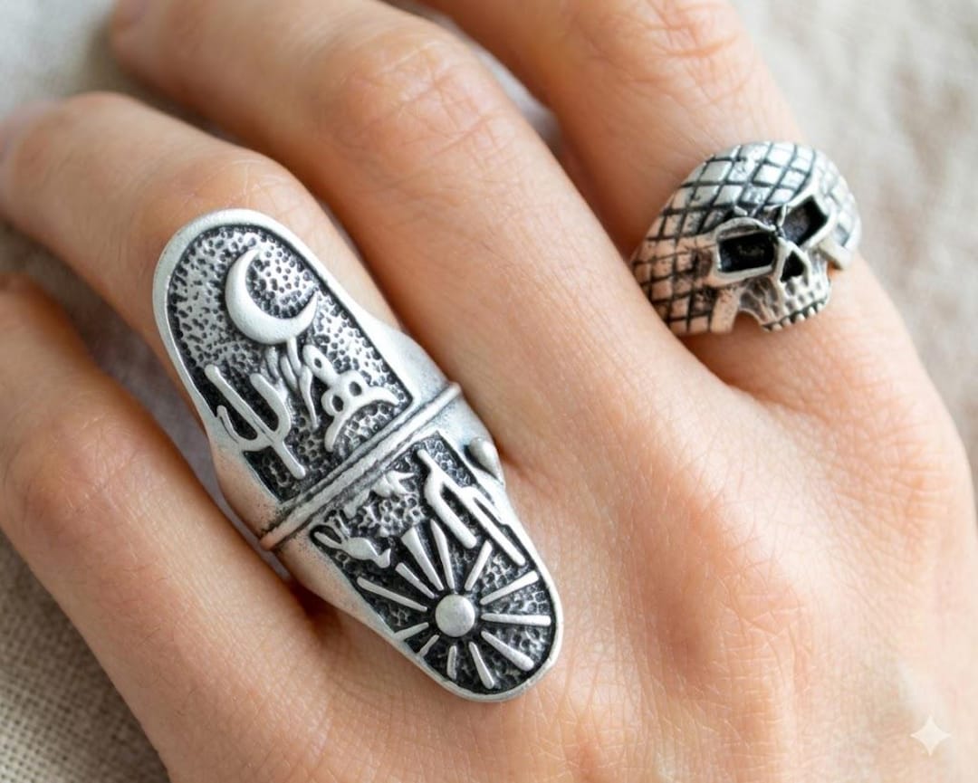 Oxidized Silver Mexican Skull Ring, Tribal Desert Sun Moon Jewelry - Etsy