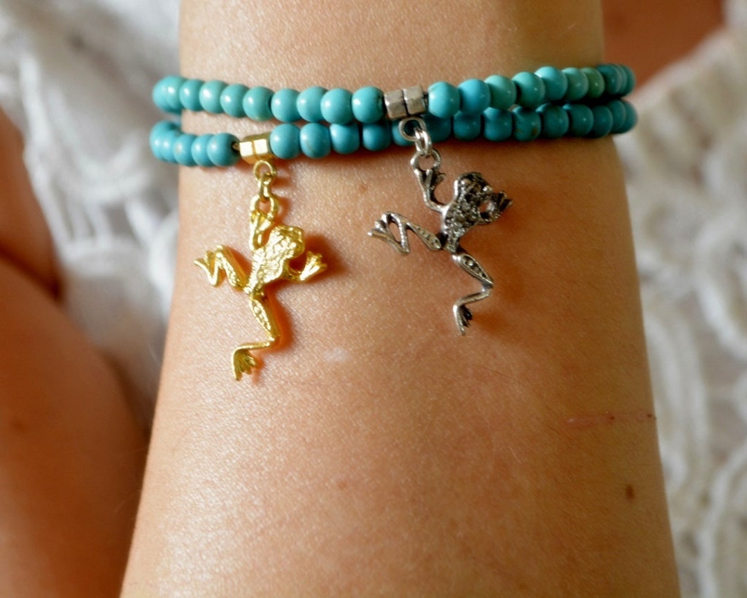 Frog Dangle Bracelet, Froggy Blue Gemstone Bangle, Jumping Frog ...