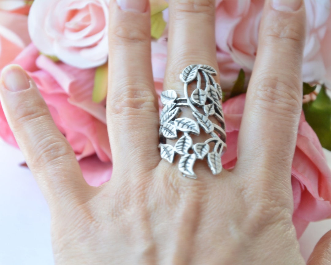 Tree Leaf Ring, Rose Flower Ring, Nature Wrap Ring, Wide Bar Ring ...