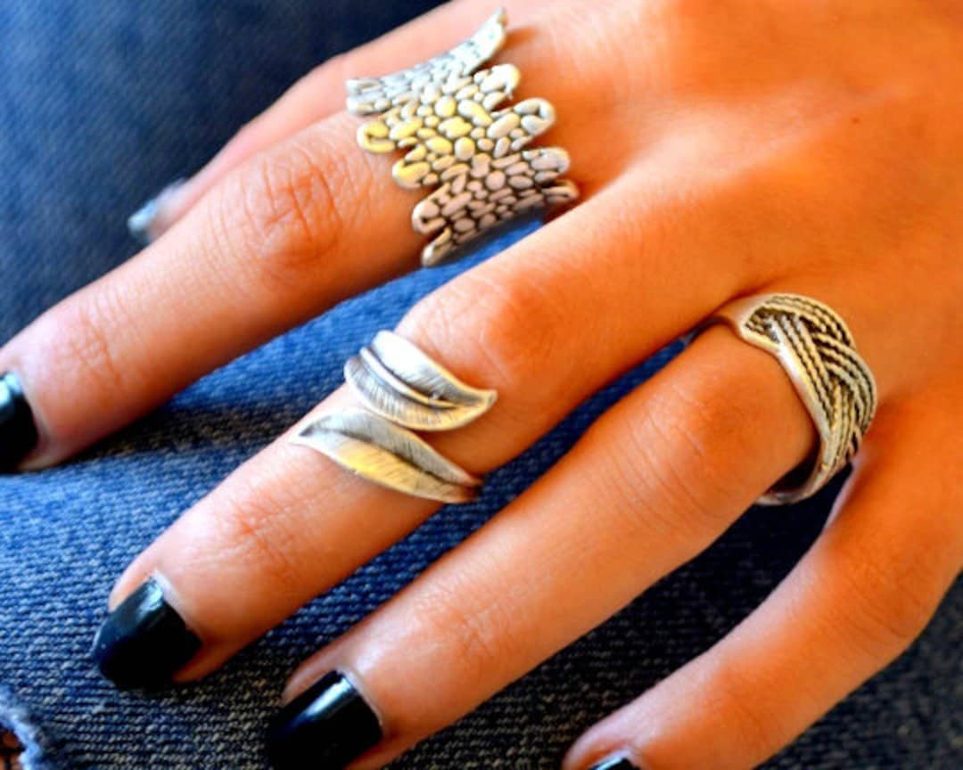 Palm Leaf Wrap Tube Hammered Silver Ring, Pebble Sand Matting Knitting ...