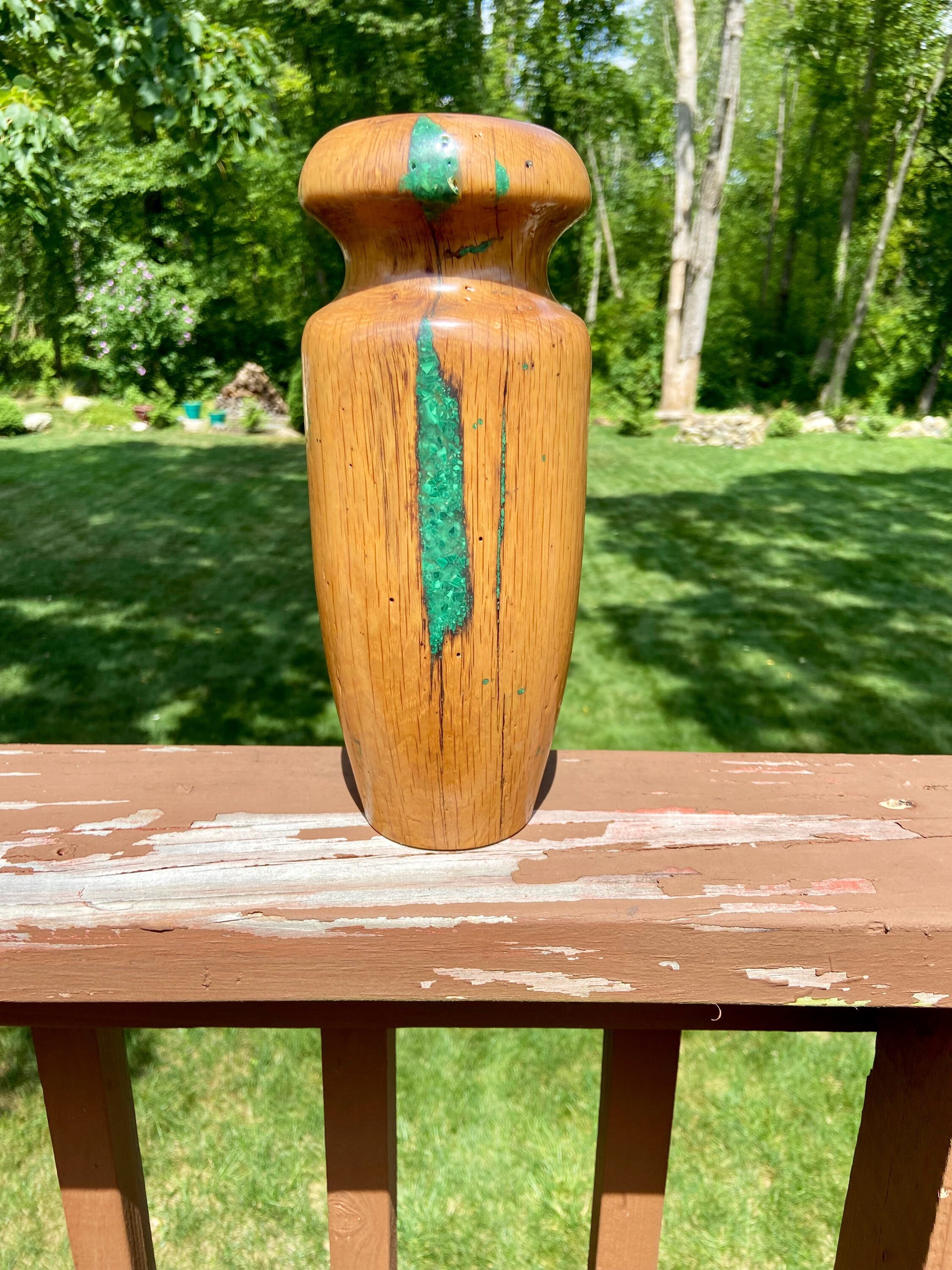 Oak Vase With Malachite Crystal Inlay, Healing Crystal Inlay,gemstone ...