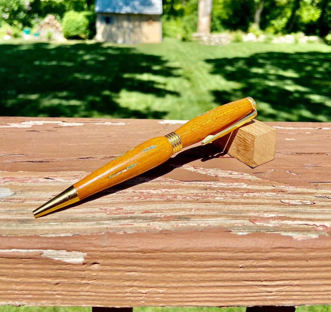 Teak Wood Pen With Turquoise Inlay and Gold Finish, Handmade Wood Pen ...