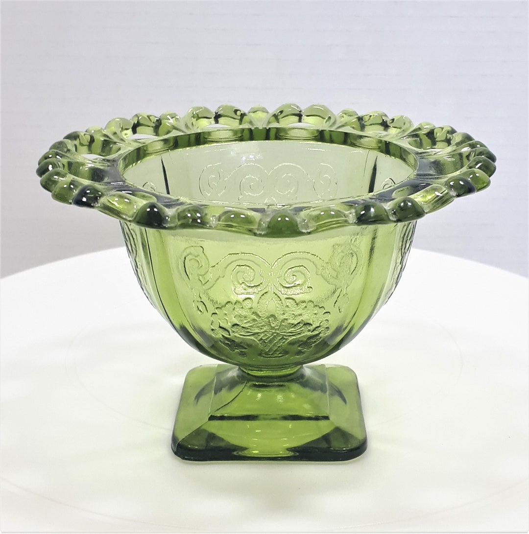 Indiana Glass Lorian Green Glass Compote, Open Lace Rim, Footed Candy ...