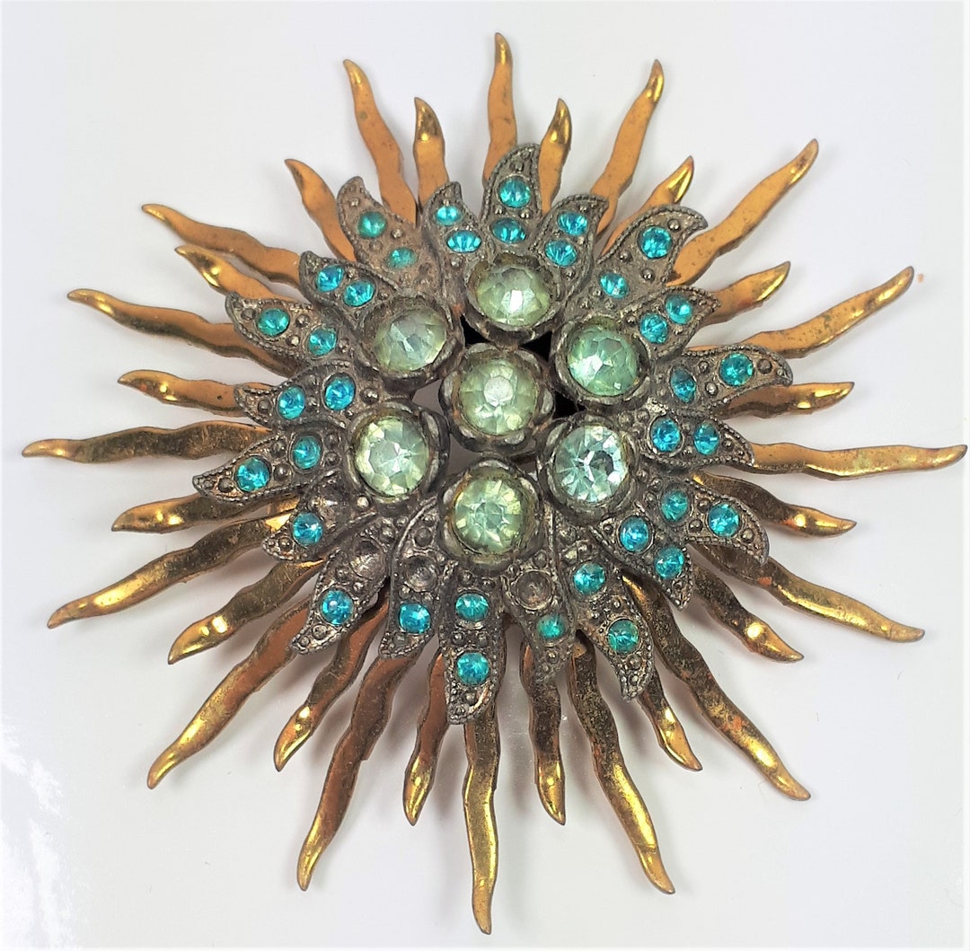 Blue Rhinestone and Goldtone Sun Burst Brooch, Pin, Star Burst Brooch ...