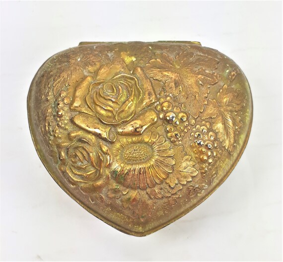 Brass Heart Shape Trinket Box Embossed Floral Trinket Box | Etsy