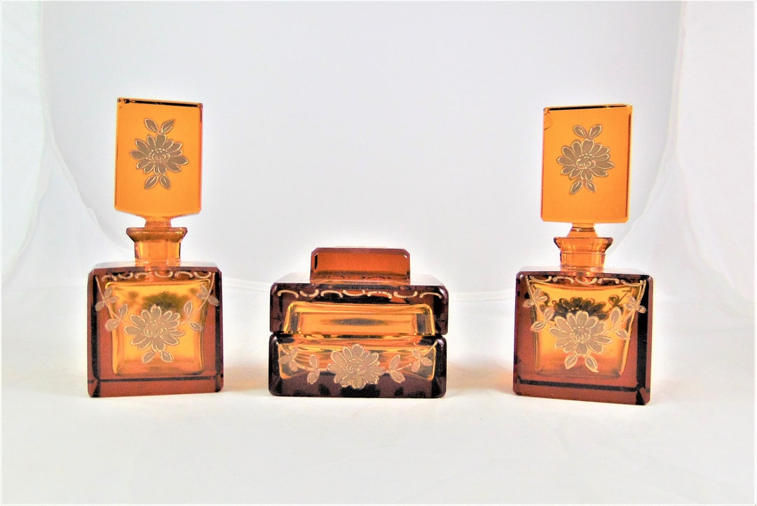 Art Deco Bohemian Glass Amber Vanity Set, Dresser Set, Two Perfume ...