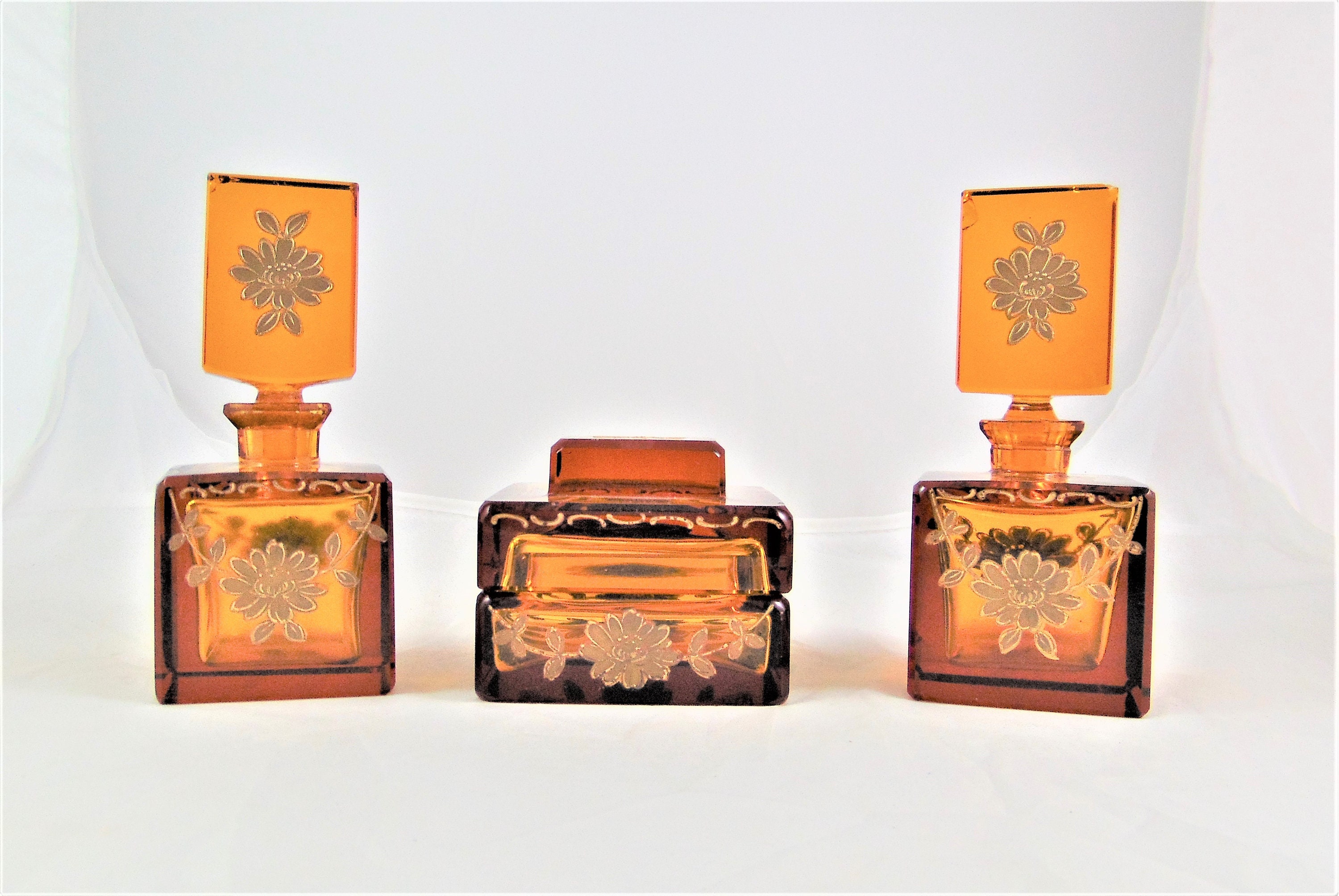 Art Deco Bohemian Glass Amber Vanity Set Dresser Set Two | Etsy