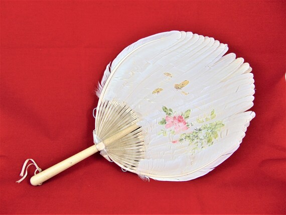 Art Deco Painted Feather Rigid Hand Fan, 1920's, Butt… - Gem