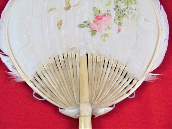 Art Deco Painted Feather Rigid Hand Fan, 1920's, Butt… - Gem