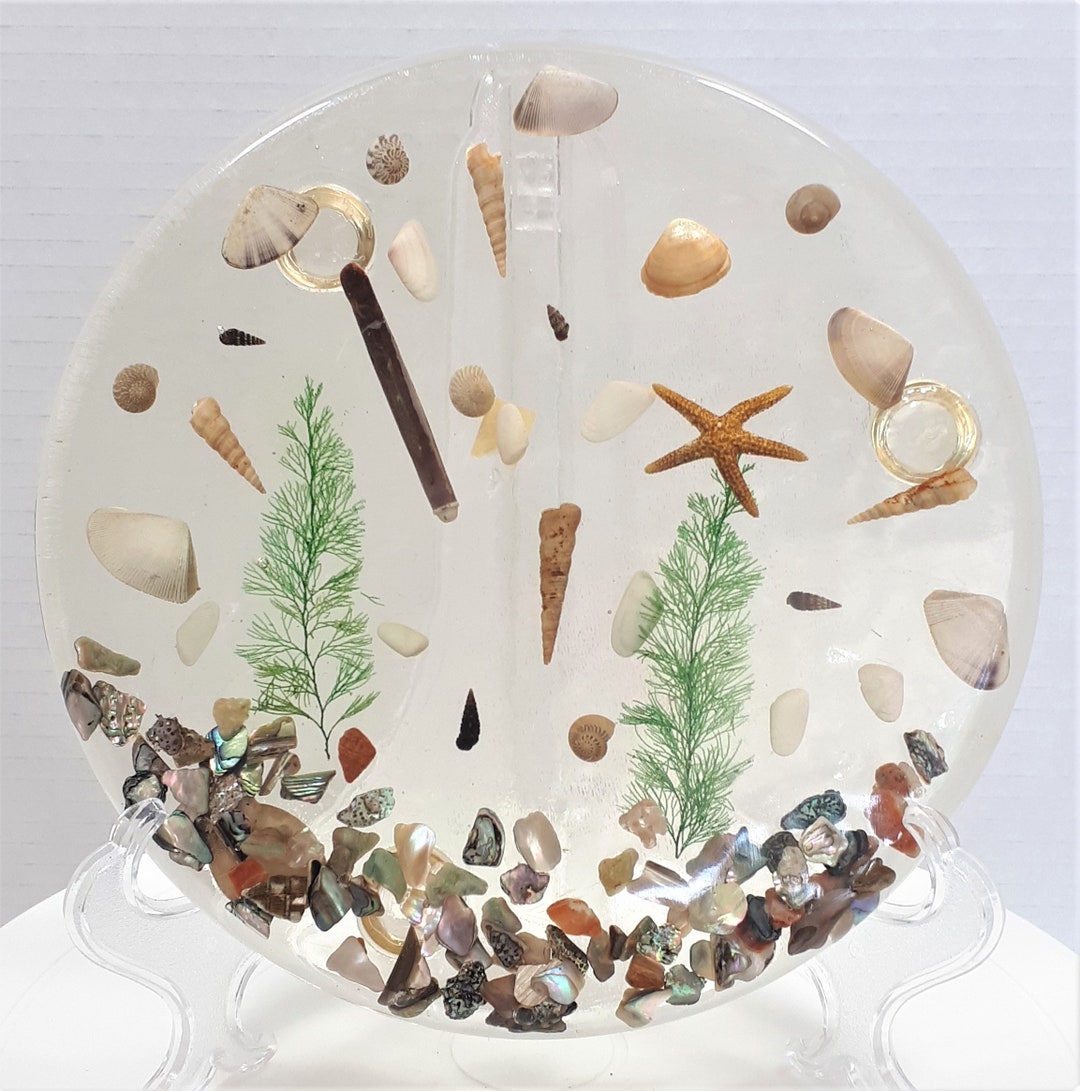 Lucite Seashell, Abalone, Starfish and Sea Weed Footed Trivet, Resin ...