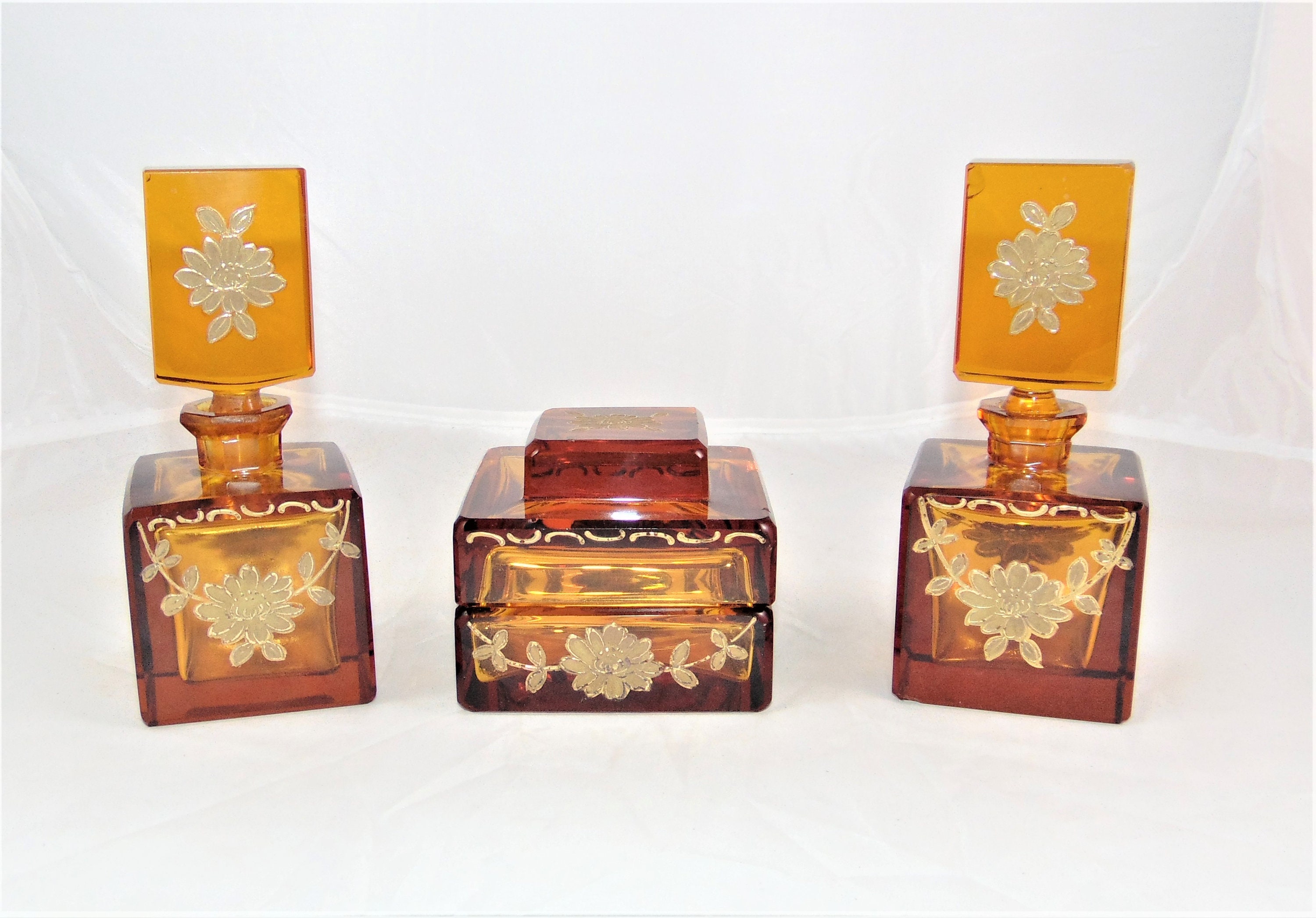 Art Deco Bohemian Glass Amber Vanity Set Dresser Set Two | Etsy